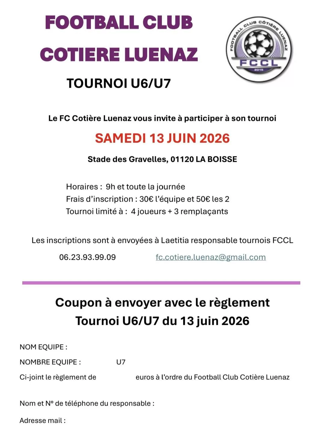 Tournoi 2026 U7 du FCCL - La Boisse - Tournois de football